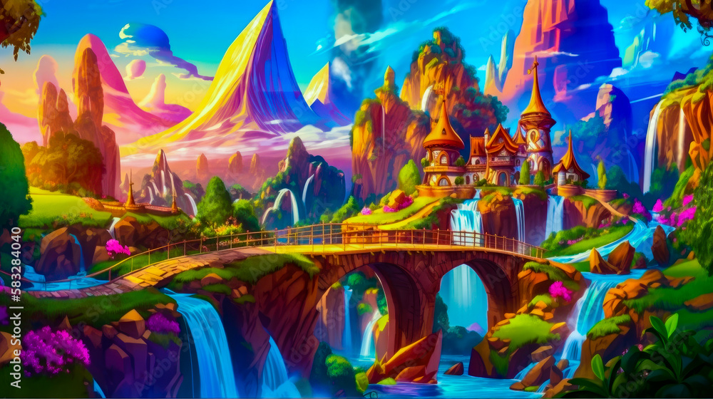 An animated painting of fantasy world with mountains and waterfalls ...