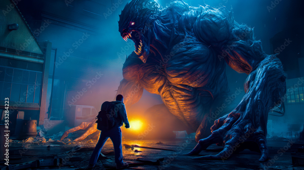 Man standing in front of giant monster in dark room. Generative AI ...