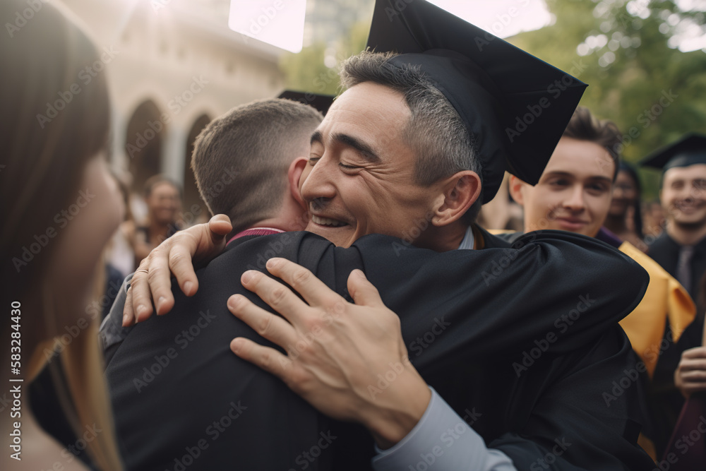 Proud and happy son congratulates his senior father with his graduation ...