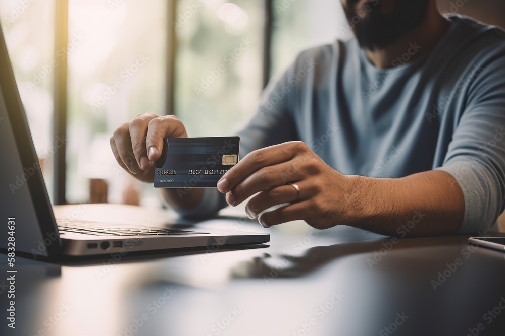 Man hands using credit card for purchase online with laptop. Close up ...