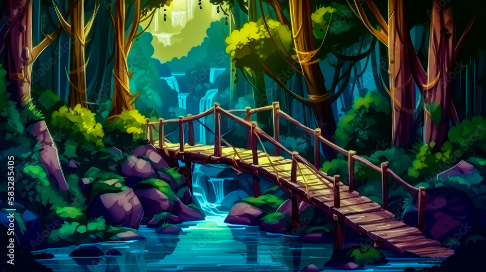 Cartoon illustration of bridge in the forest. Generative AI. Stock ...
