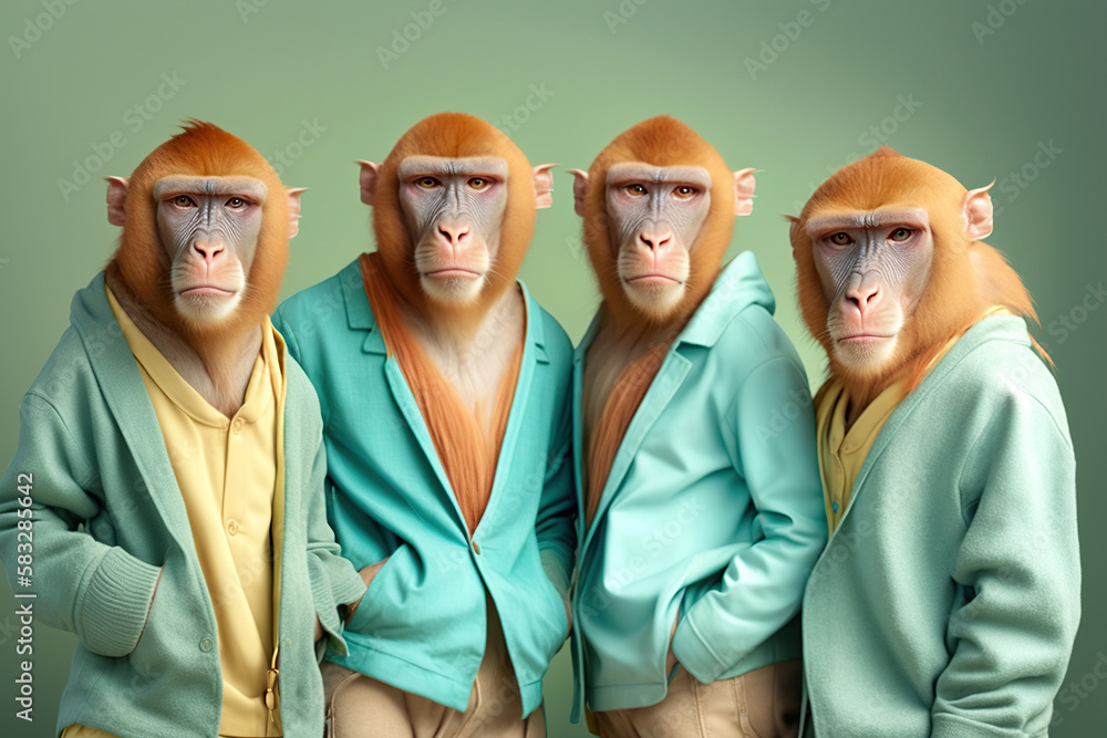 Group studio portrait of fat proboscis monkeys in clothes, created with Generative AI technology ...