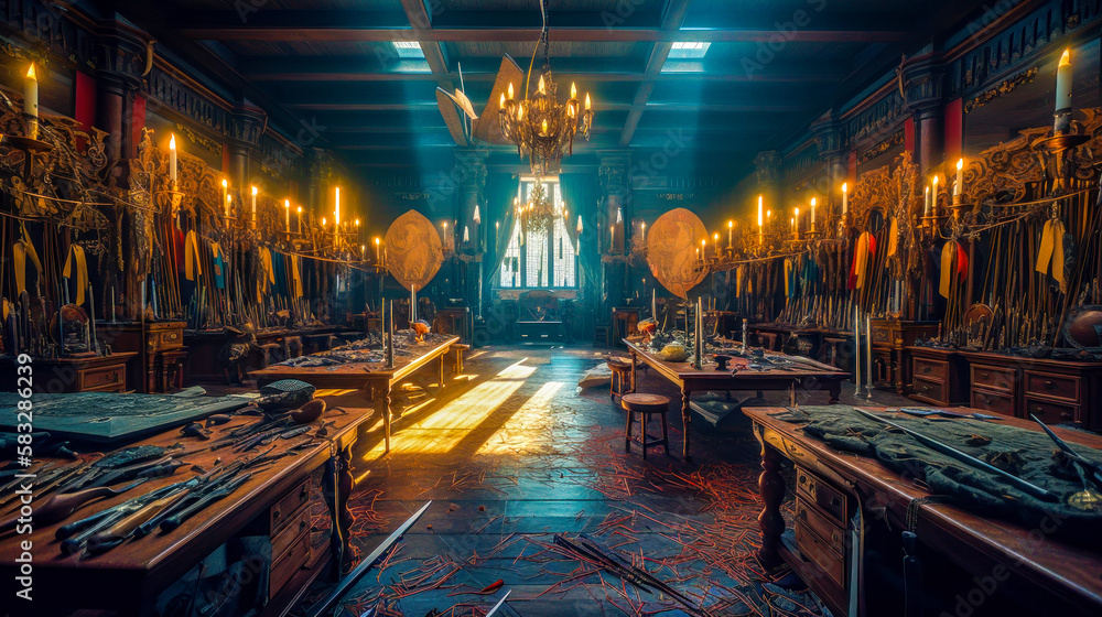 The inside of room with lots of swords and other weapons. Generative AI ...