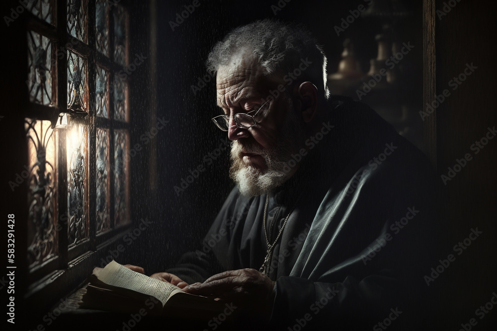 The priest absolves the parishioner in the confessional in the church ...