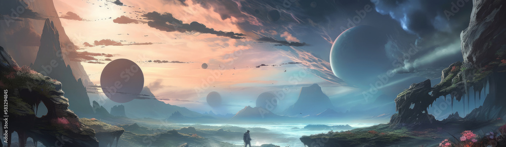 A wide header sized fantasy landscape with bright colors. Generative AI ...