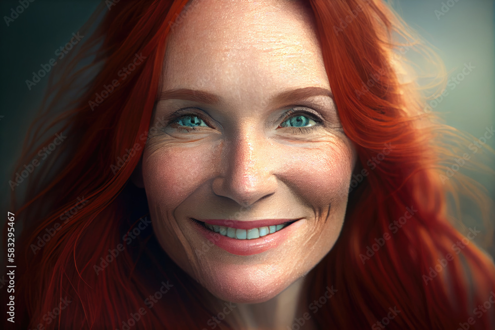 Generative AI portrait of adult woman with red hair smiling while ...