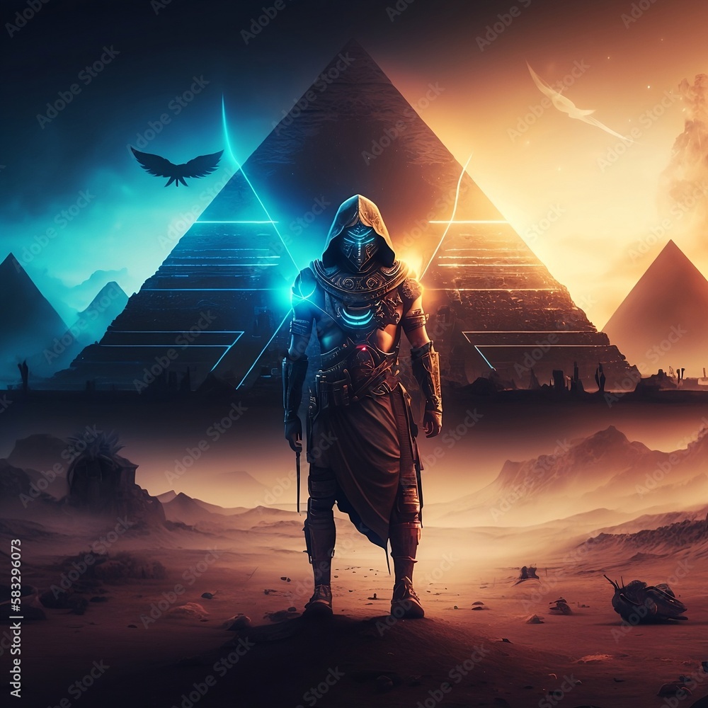 egyptian warrior at the pyramids, generative AI Stock Illustration ...