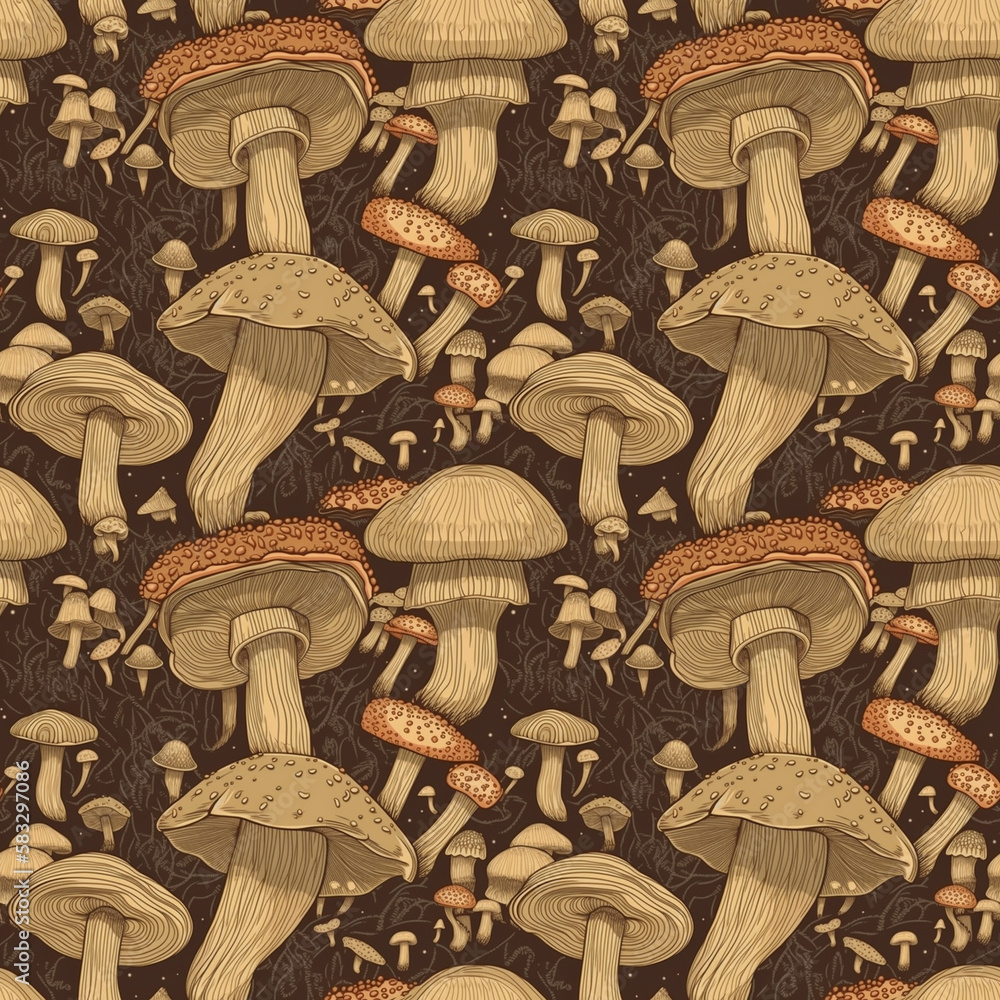 Seamless pattern background design of various mushrooms in hand drawn ...