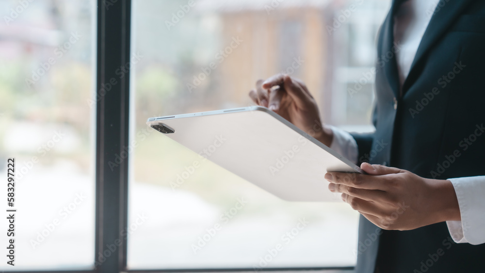 Using tablet pc, Close up hands of asian bookkeeper female working with ...