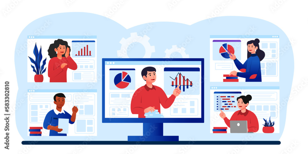 Business conference concept. Man and woman against background of graphs ...