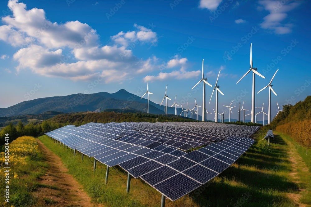 Solar energy panel photovoltaic cell and wind turbine farm power ...