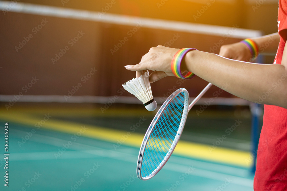 Badminton player wears rainbow wristbands and holding racket and white ...