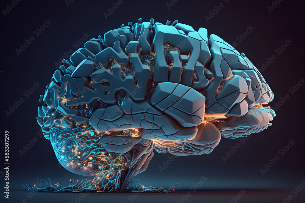 Futuristic blue digital brain in cyberspace. Neurons firing in MRI scan ...