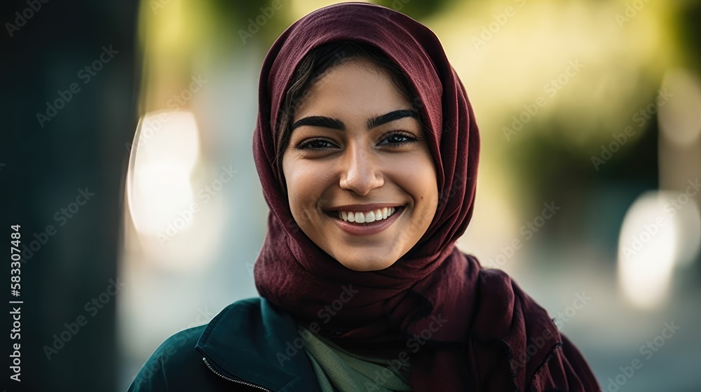 Smiling young college female student wearing a hijab looking at the ...