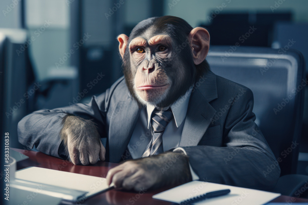Monkey wearing suit in office. Businessman monkey sitting at office. AI ...