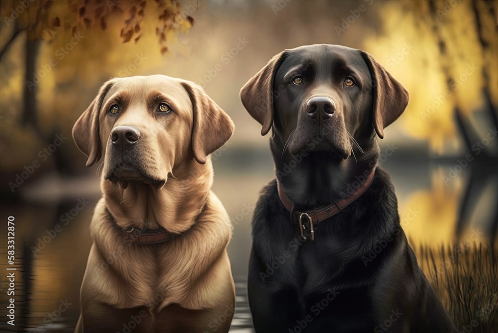 7- and 2-year-old labrador retrievers serving as guiding dogs at a park ...
