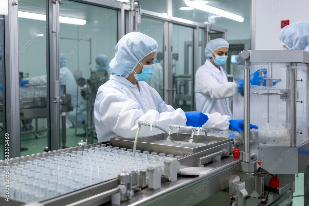 A pharmaceutical manufacturing plant with workers producing syringes ...