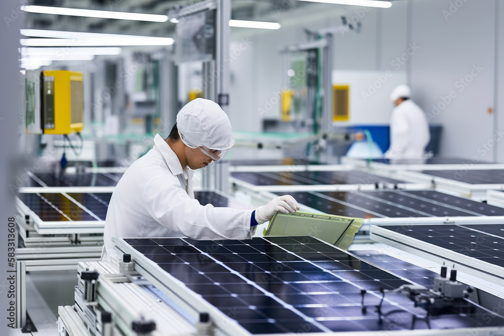 A solar panel manufacturing plant with workers assembling solar panels for renewable energy ...
