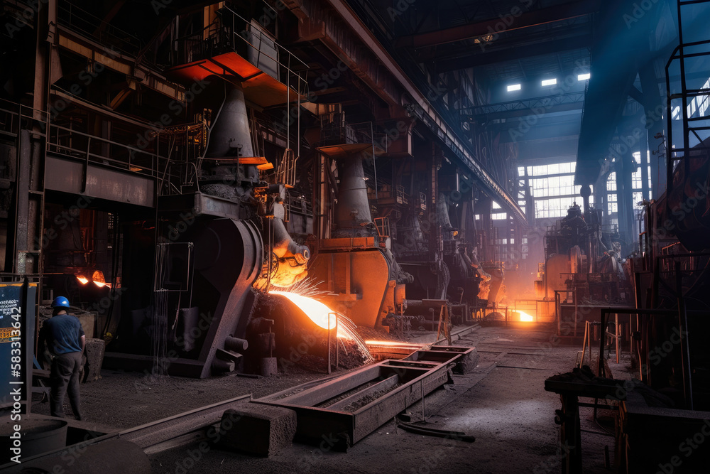 A steel production plant with workers operating blast furnaces and ...