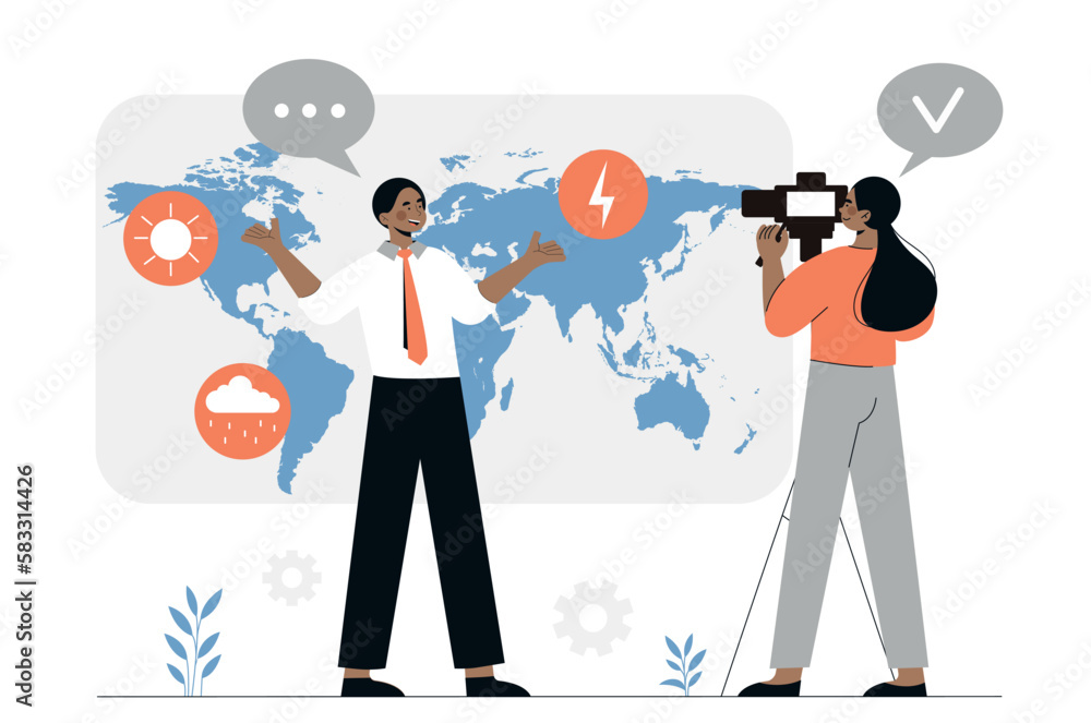 Meteorological forecast recording. Woman with camera shouting of man ...