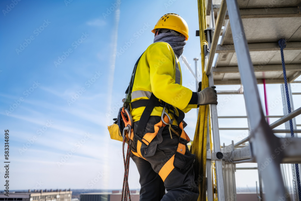 Construction worker wearing a safety harness and climbing a tower crane ...
