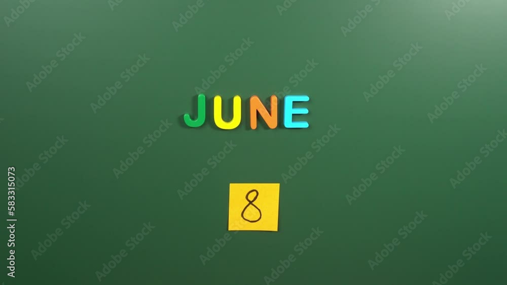 Hand sticking a sticker 8 June calendar day on school board. 8 date of ...