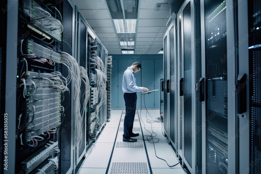 Data center with rows of server racks, technicians in lab coats ...