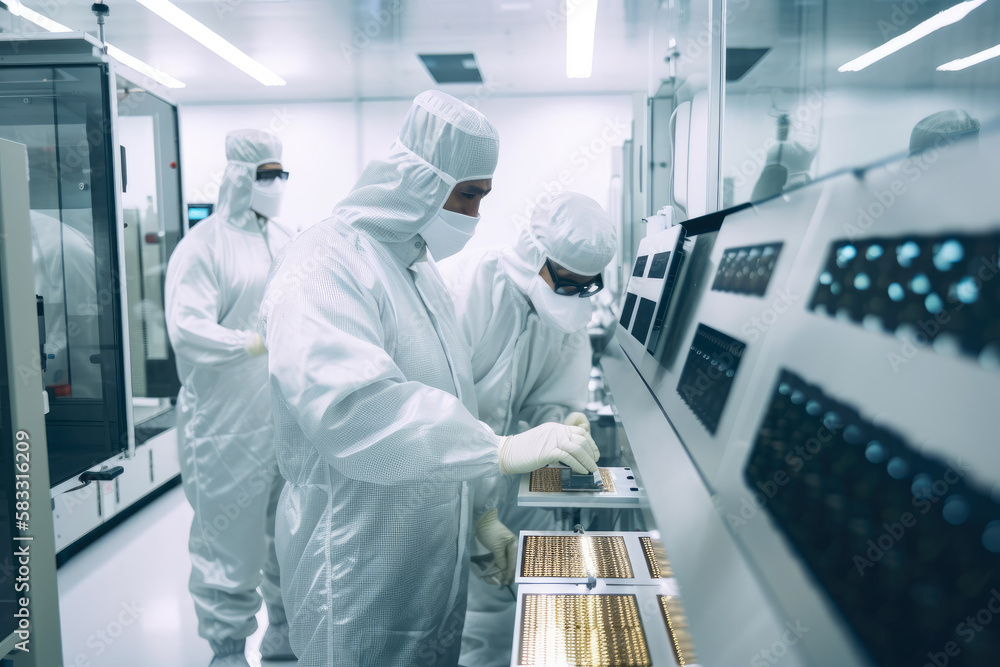 Highly skilled workers in a semiconductor factory wearing cleanroom ...