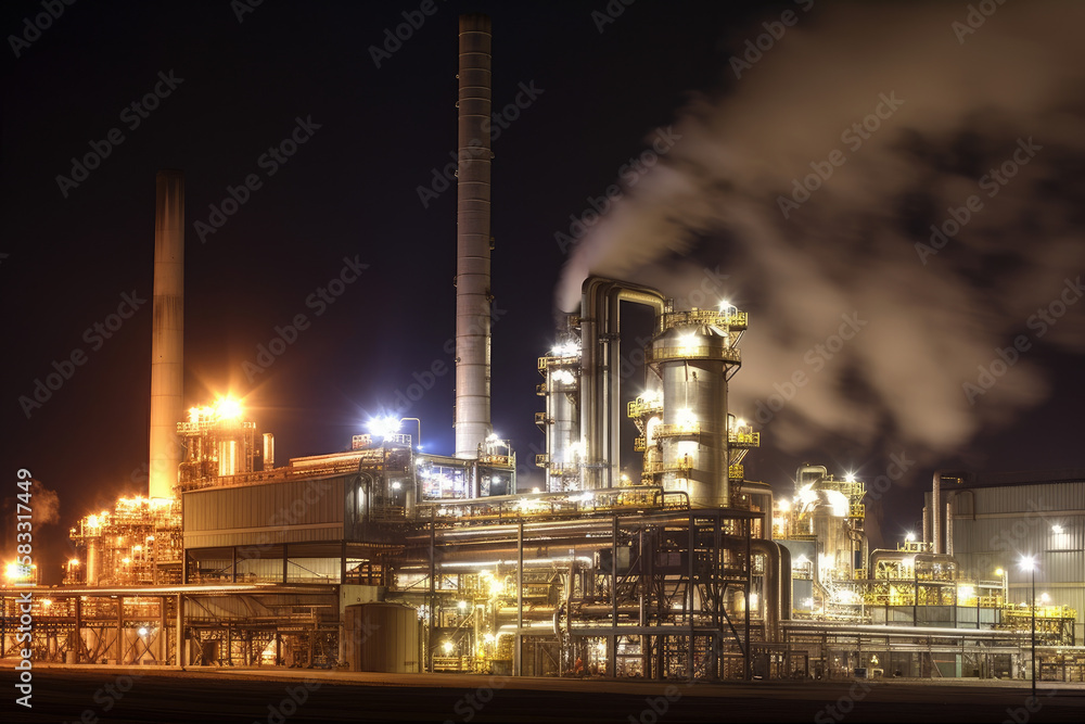 Nighttime view of a sugar factory, with its illuminated structure ...