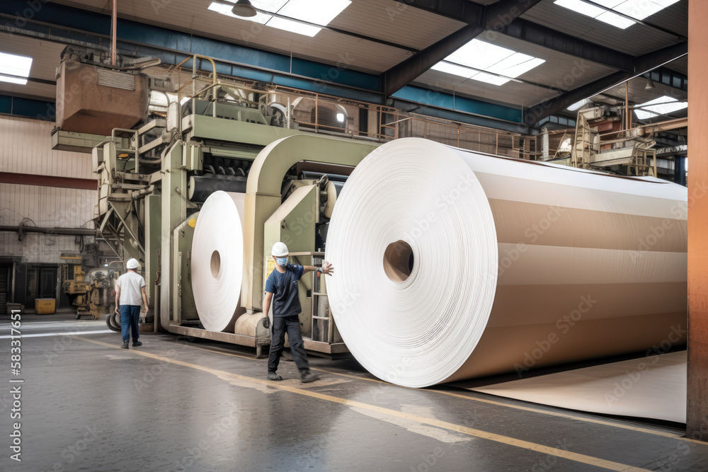 Paper mill with workers operating machinery to produce paper rolls ...