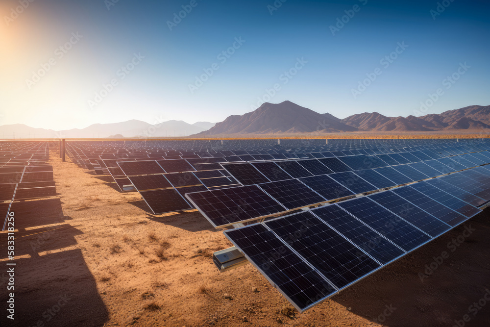 Solar power plant with rows of large solar panels reflecting sunlight ...
