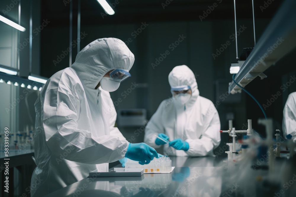 Workers in work clothes at a chemical industry plant laboratory ...