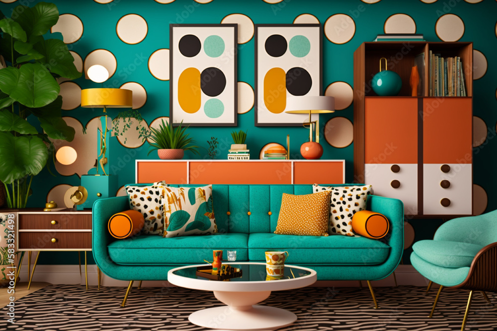 Interior design of a retro-inspired living room with vintage wallpaper ...