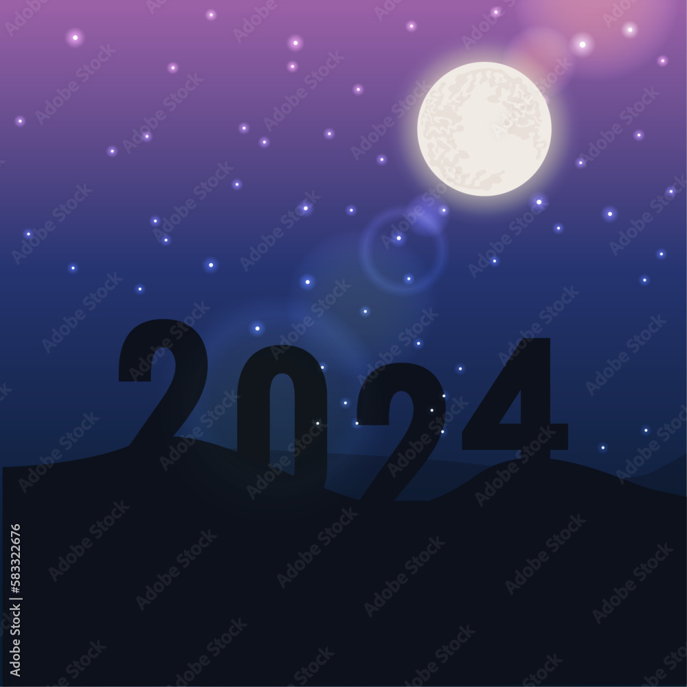 2024 over the precipice at amazing Moon Night. New Year's concept ...