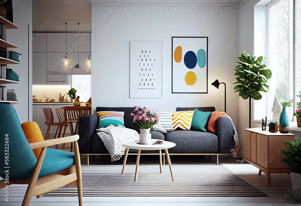 Interior design of a Scandinavian style living room with bold pops of ...
