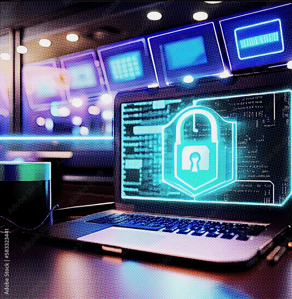 Laptop with code on screen and lock symbol. Cybersecurity concept ...