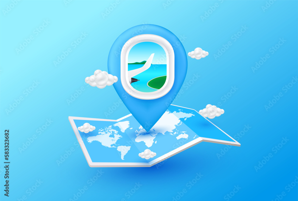 Flight window with location pin blue or Positioning pins on world map ...