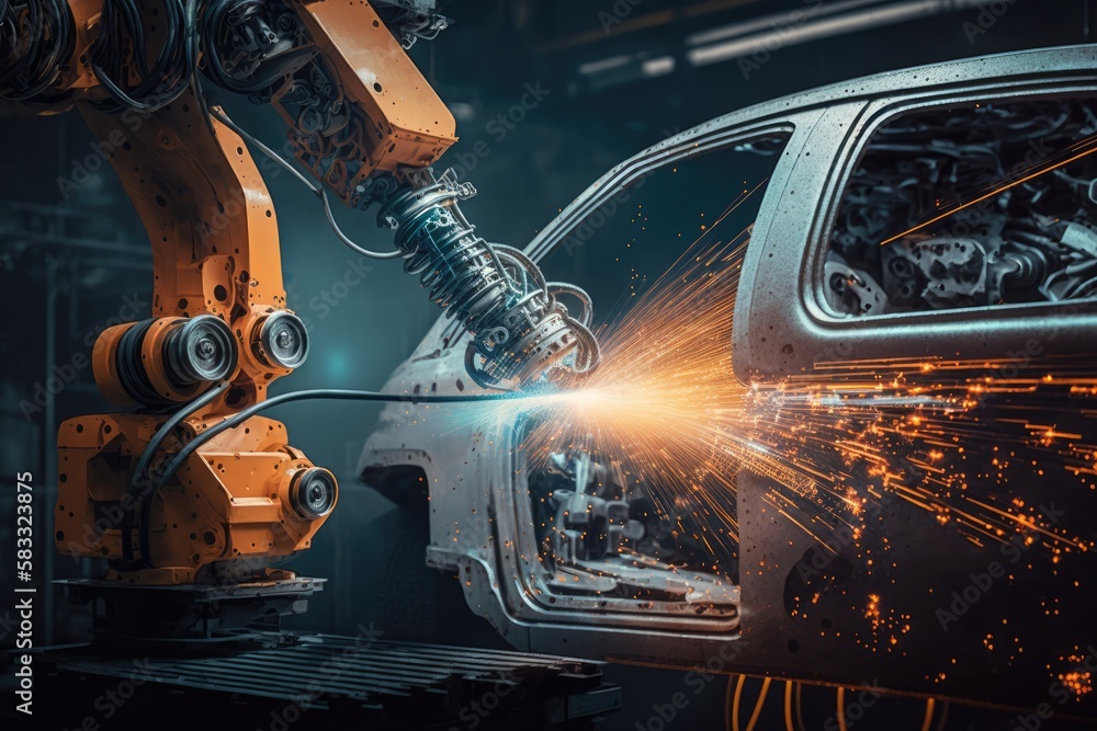 Spot welding robot welding vehicle parts. High tech car production with ...