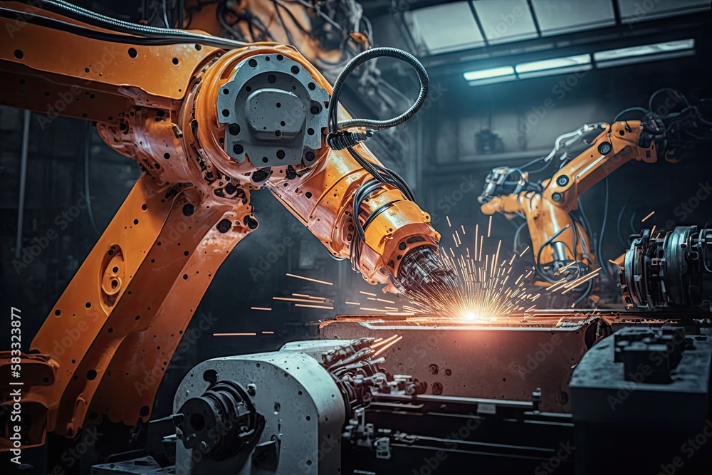 Spot welding robot welding vehicle parts. High tech car production with ...