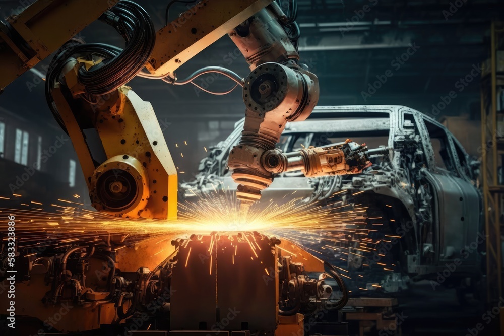 Spot welding robot welding vehicle parts. High tech car production with ...