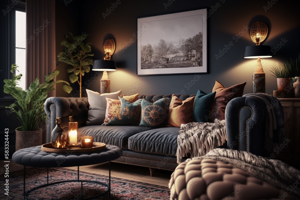 Interior design of a cozy living room with plush furniture, warm ...