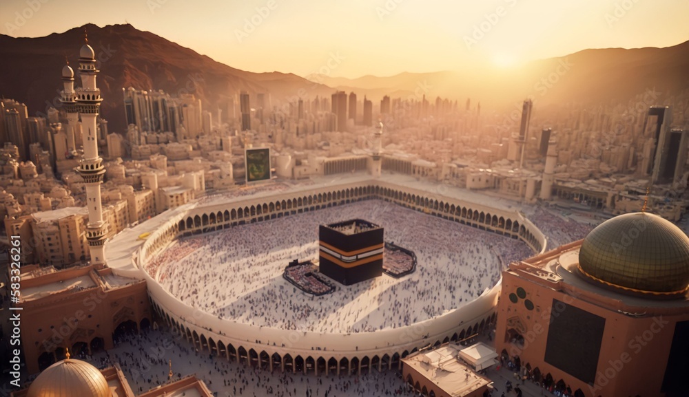 Landscape of the Kaaba in Mecca at sunrise with crowded Muslim people ...