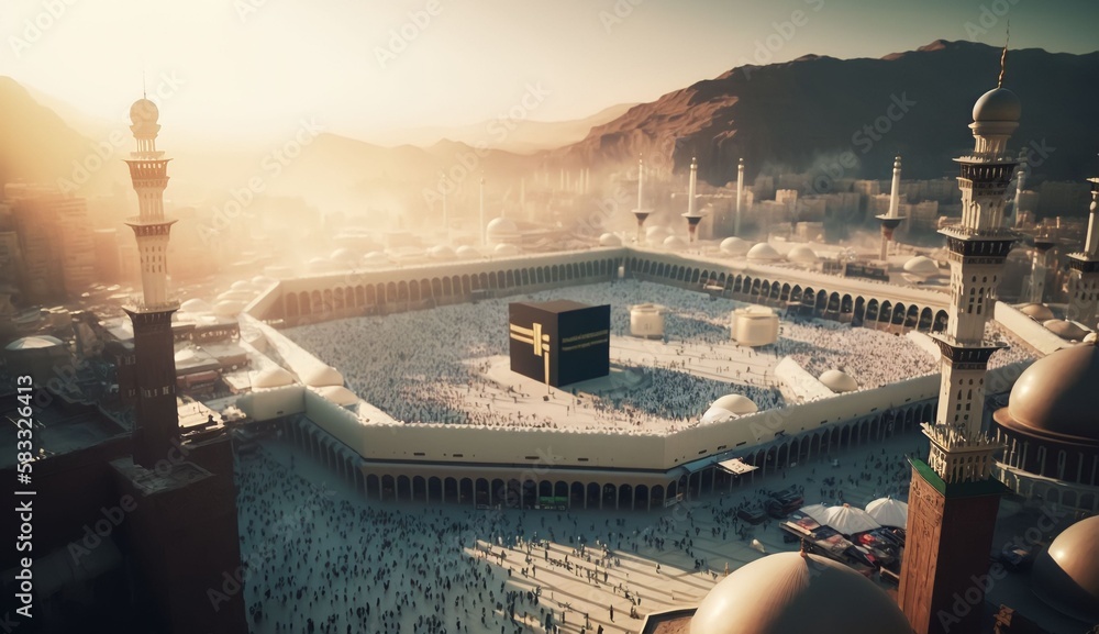 Landscape of the Kaaba in Mecca at sunrise with crowded Muslim people ...