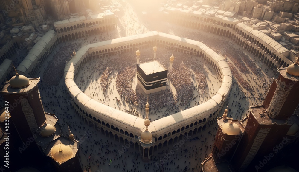 Landscape of the Kaaba in Mecca at sunrise with crowded Muslim people ...