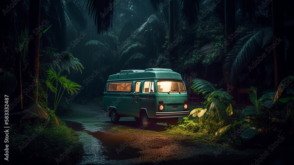camper van in tropical rainforest, camping life in a car in forest ...