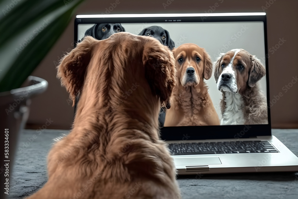 Ilustrace „Back view of a dog participating in a video conference with ...