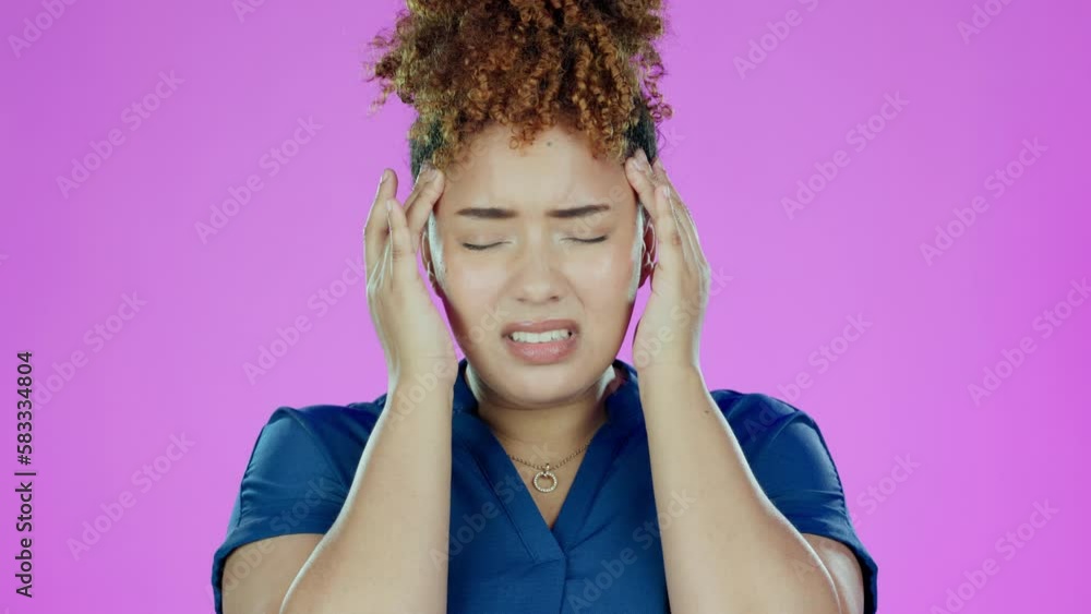 Woman, headache pain and face in studio with stress, dizzy mind and ...