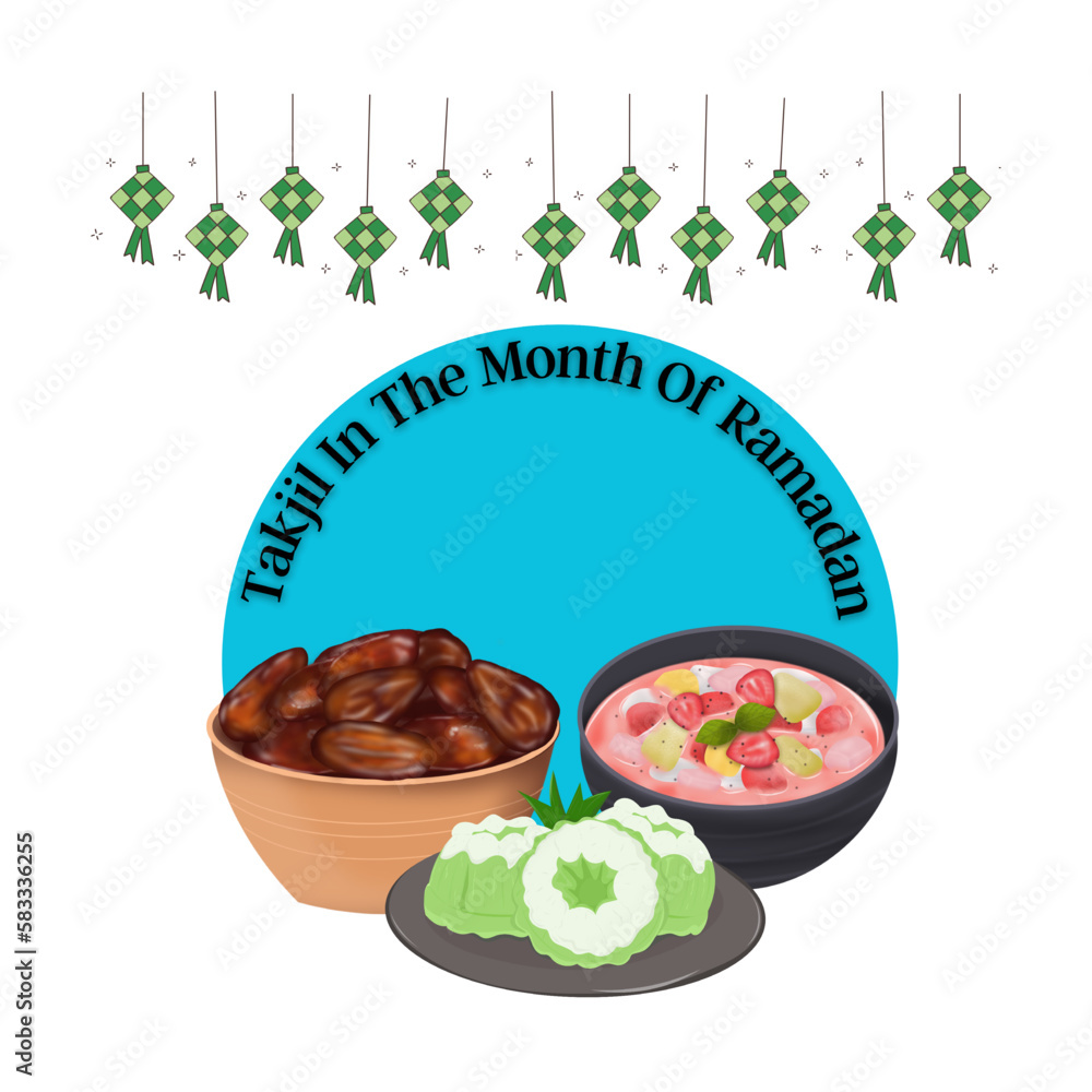 3d illustration of takjil vector. putu ayu, dates, fruit ice. the word ...