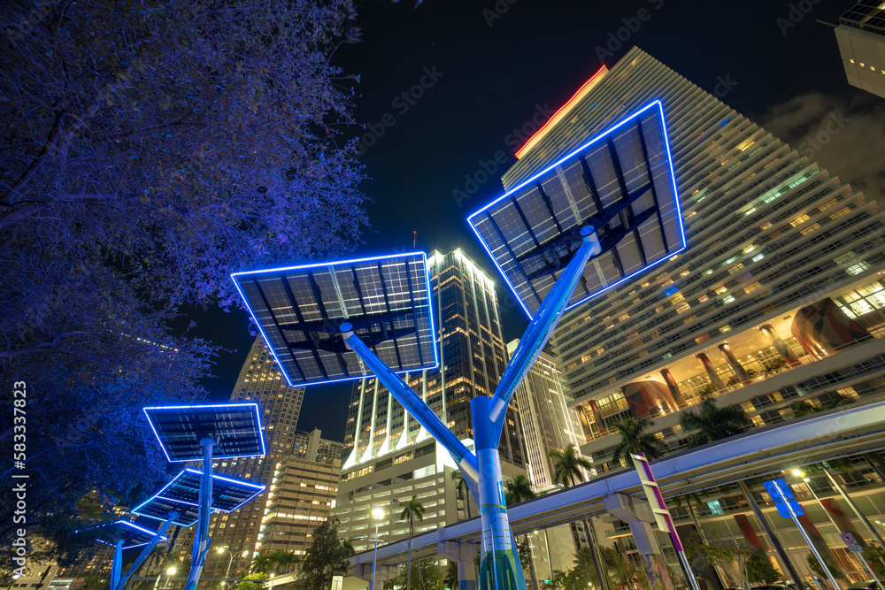 Modern urban street neon illumination with solar photovoltaic panels ...