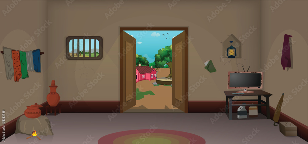 Village poor room inside with door cartoon background, Poor house room ...